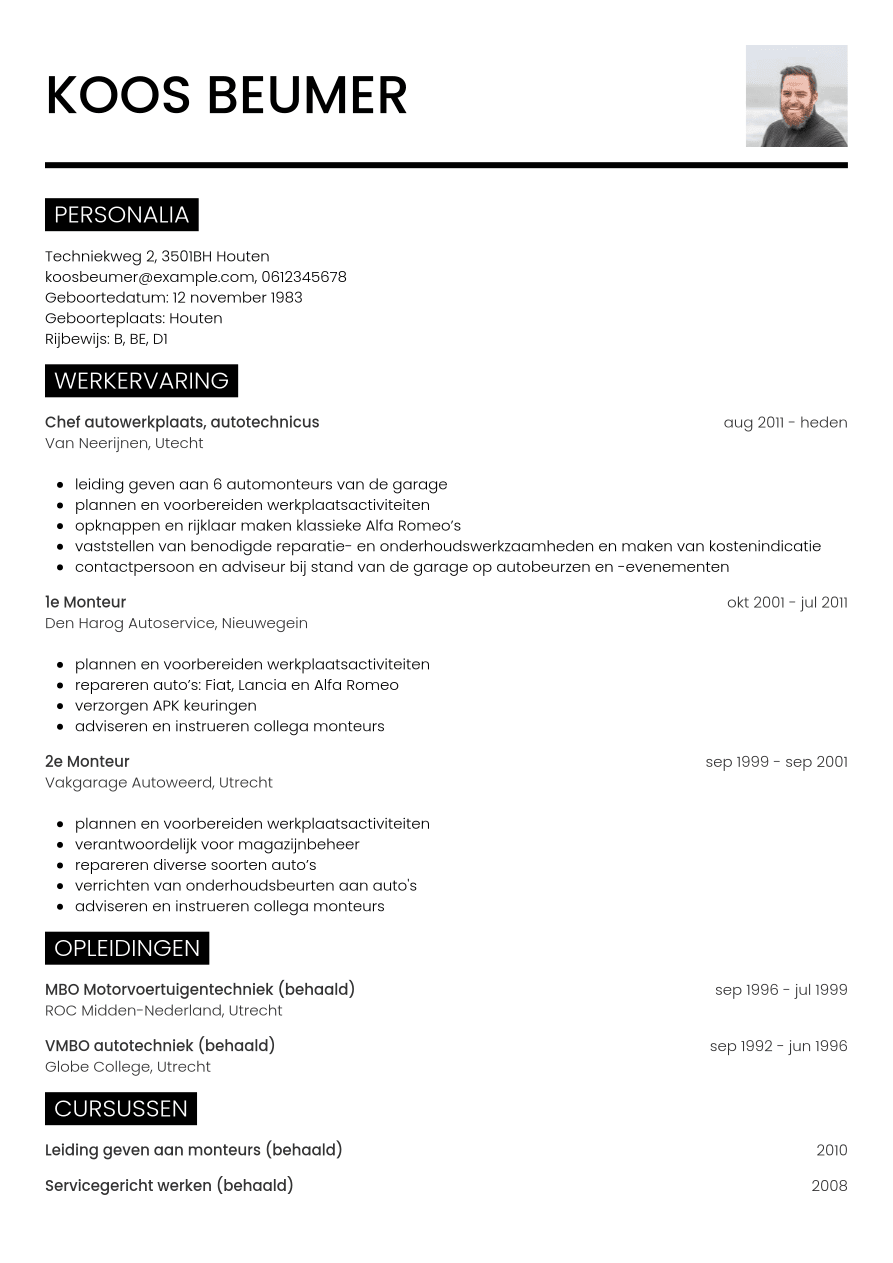 CV voorbeeld automonteur - CV.nl