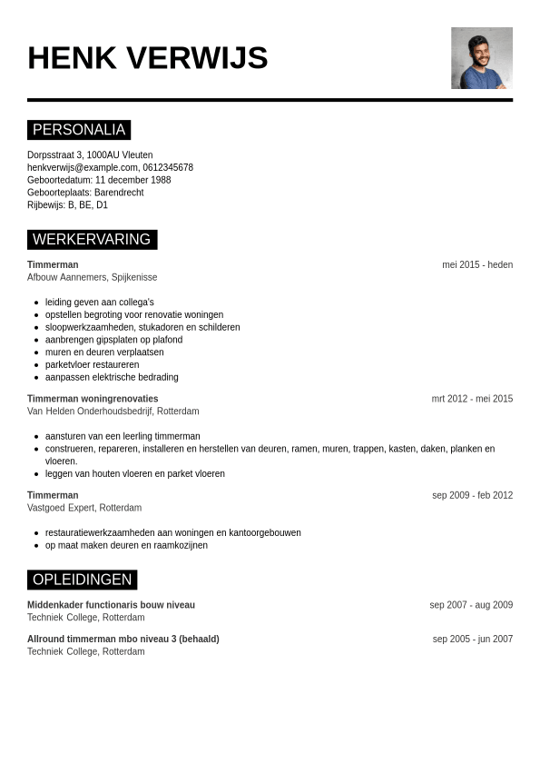 CV voorbeeld timmerman - CV.nl